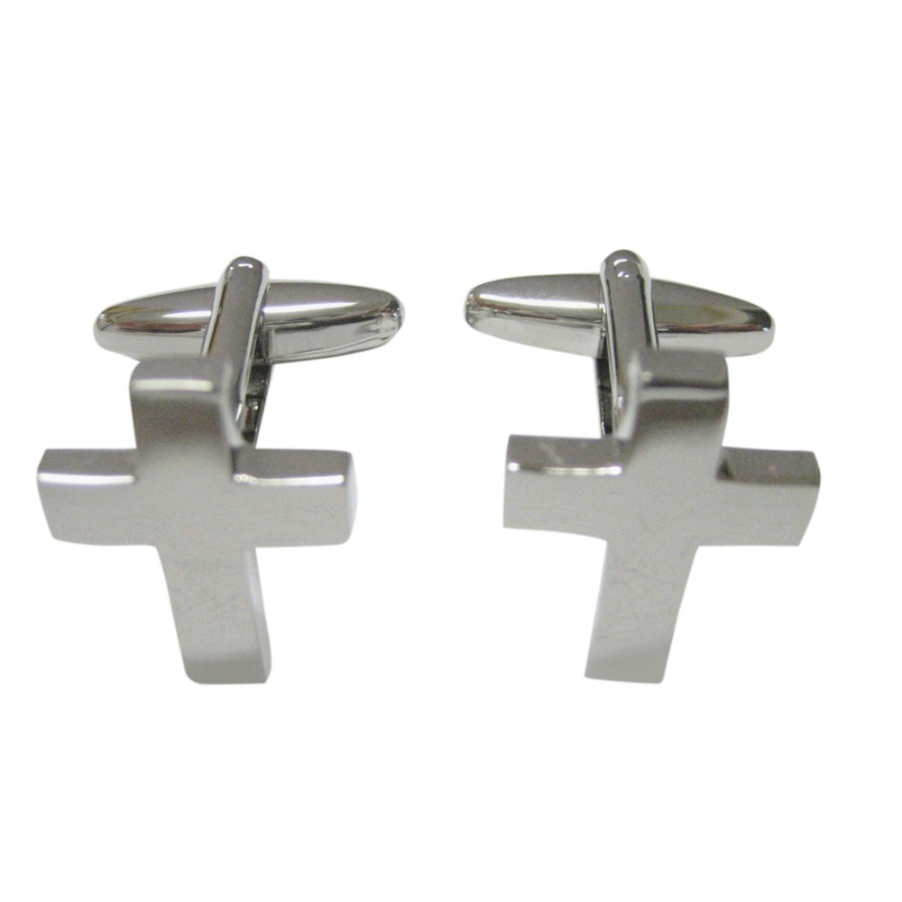 Silver Toned Thick Classic Religious Cross Cufflin - Gem